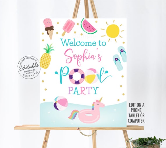 EDITABLE Pool Party Welcome Sign Pool Party Birthday Girls Pool Party ...
