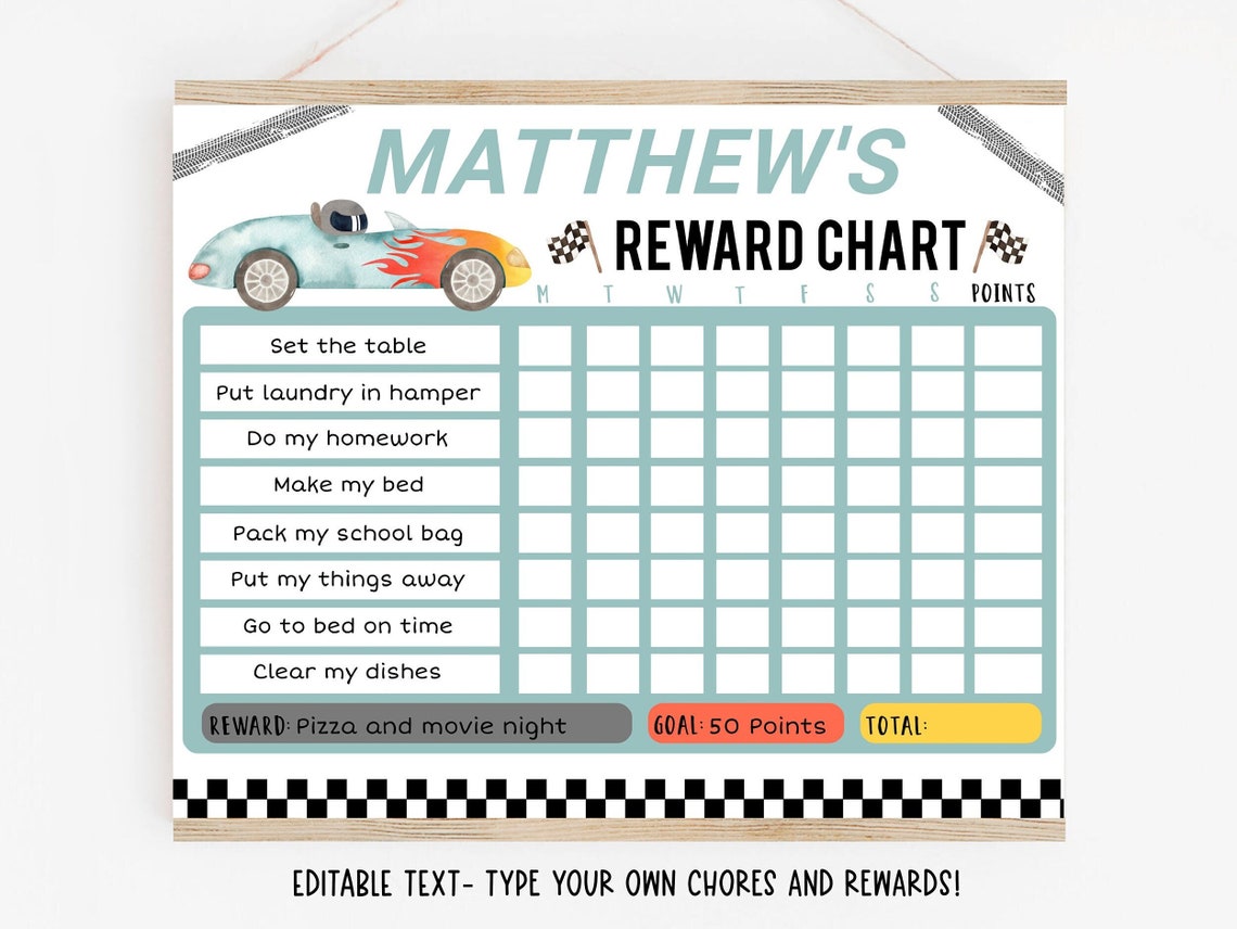 Editable Race Car Reward Chart Race Car Boy Chore Chart - Etsy