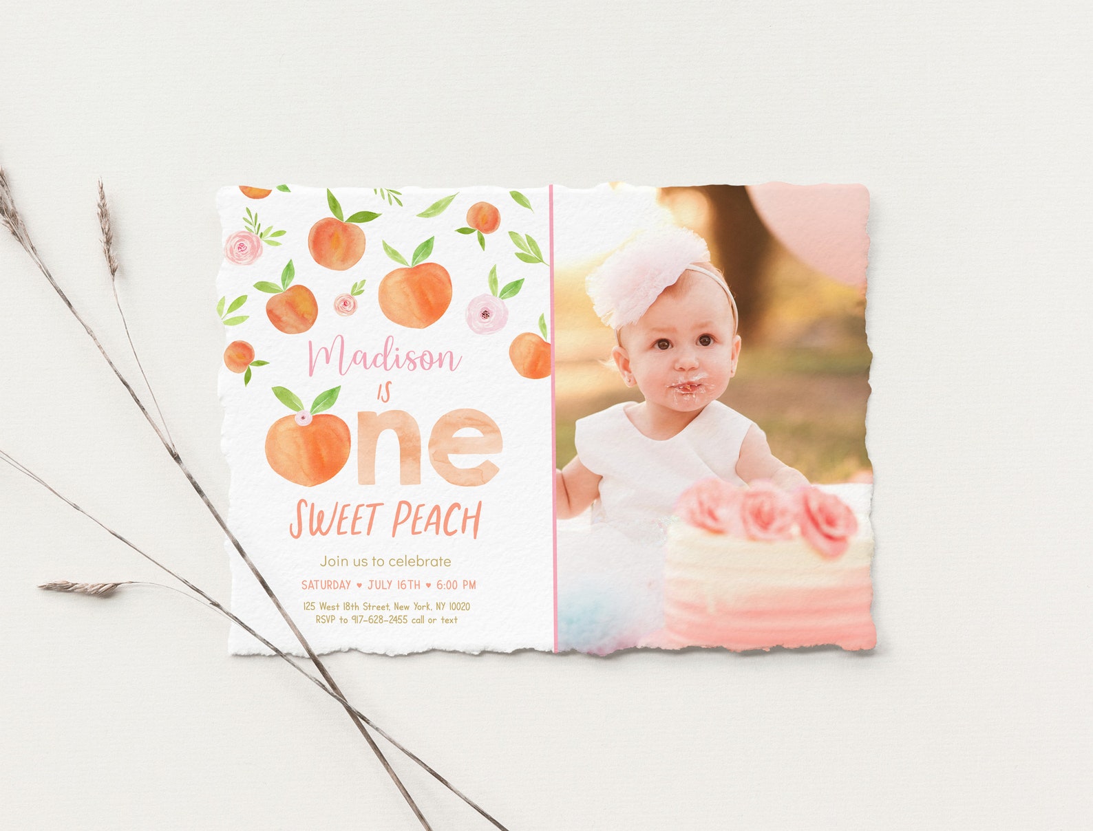 Editable Peach Birthday Invitation One Sweet Peach First | Etsy