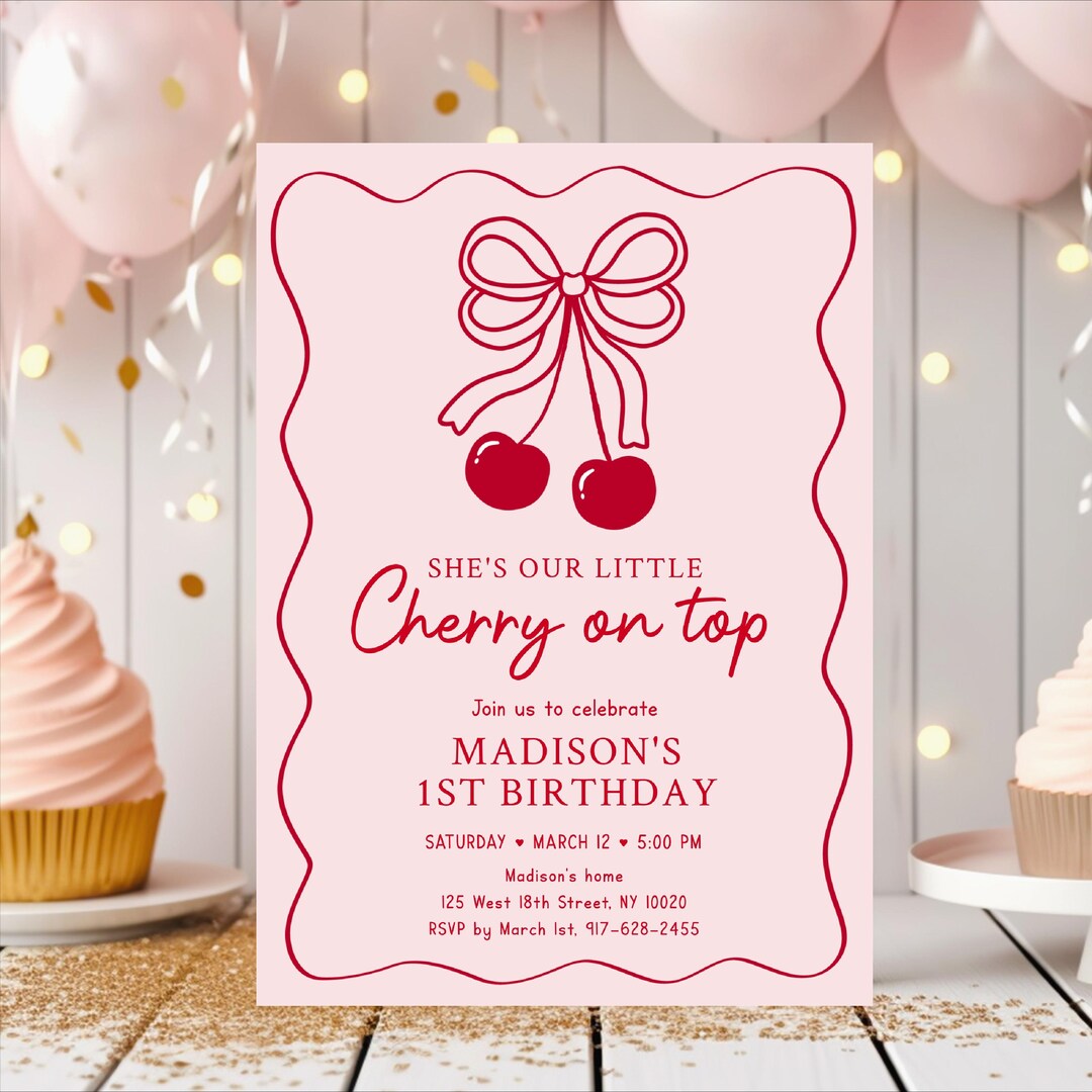 Editable Cherry Birthday Invitation, Cherry on Top Invite, Coquette ...