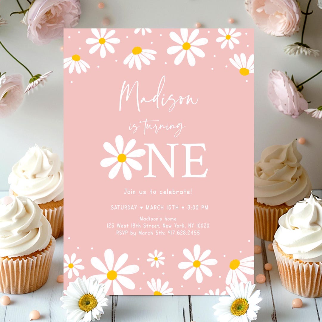 Daisy Birthday Invitation, Daisy 1st Birthday Invite, Boho Pink Daisy ...