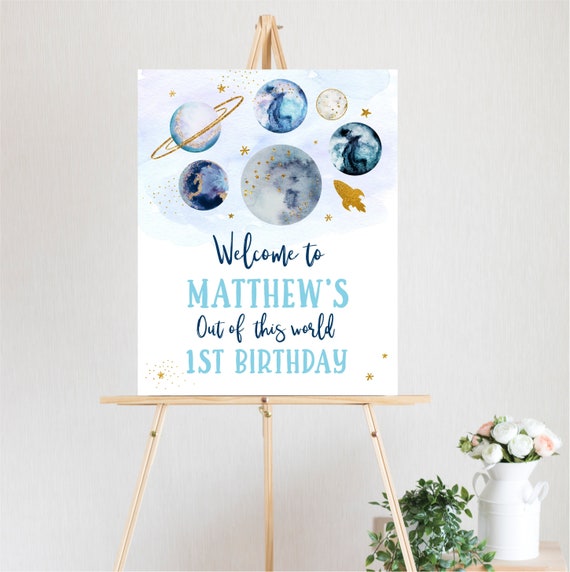 Editable Space Birthday Welcome Sign Blue Gold Galaxy Planets Boys ...