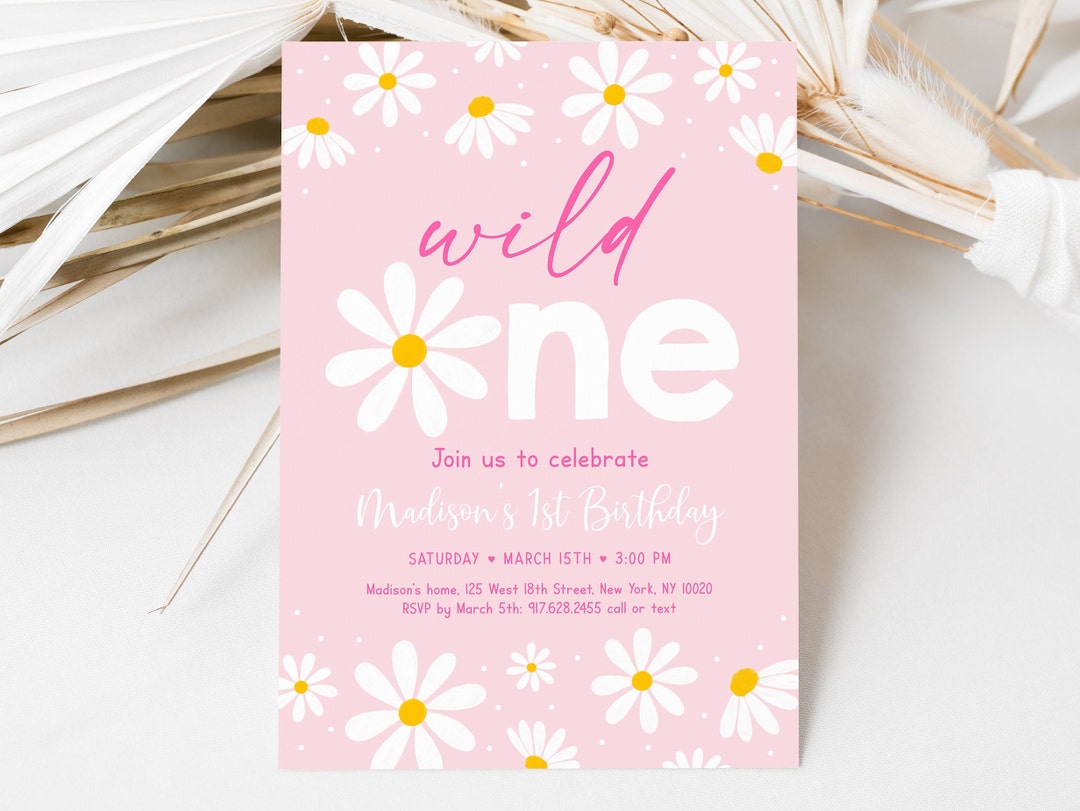 Daisy First Birthday Invitation Wild One Daisy Birthday Invite Pink ...