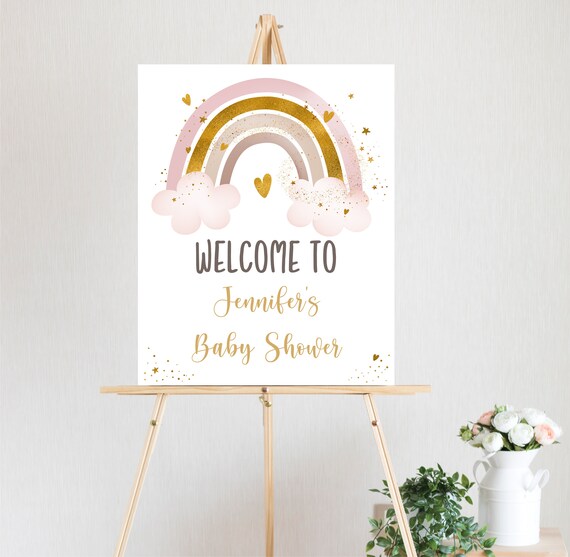 Editable Rainbow Baby Shower Welcome Sign Gold Rainbow Boho Rainbow ...