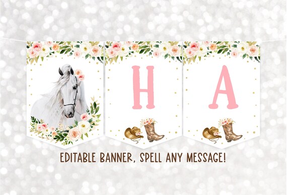 Editable Horse Birthday Banner Saddle Up Watercolor Horse Cowgirl Party ...