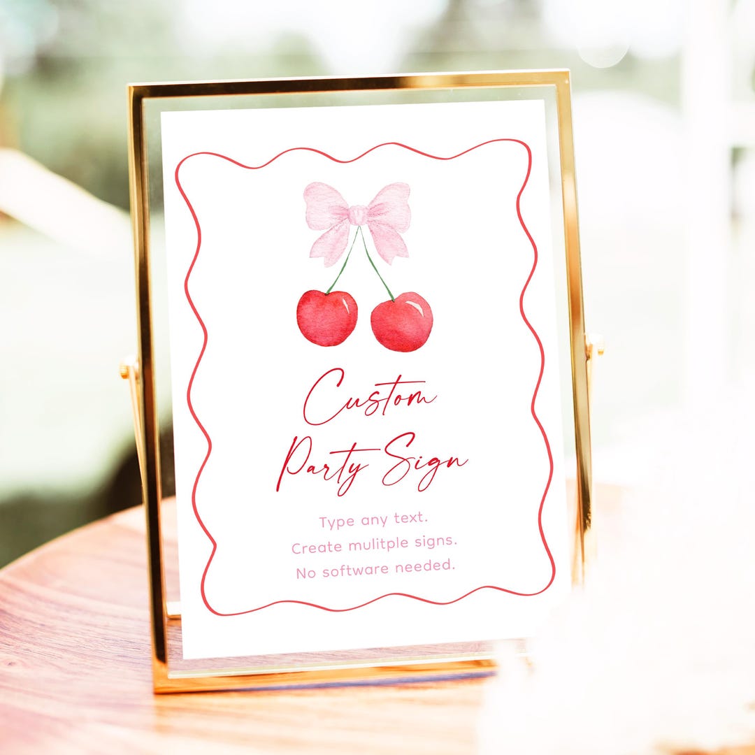 Editable Cherry Baby Shower Sign, Coquette Pink Bow Girl Baby Shower ...