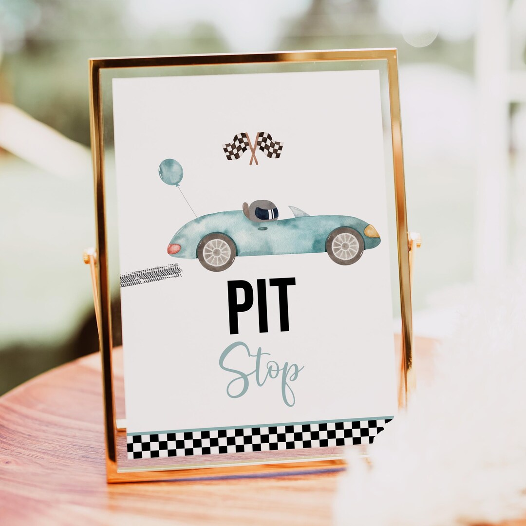 Race Car Pit Stop Birthday Sign Two Fast Birthday Racing Party Blue ...