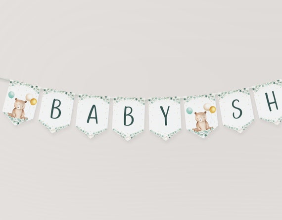 Editable Teddy Bear Baby Shower Banner Teddy Bear with Balloons ...
