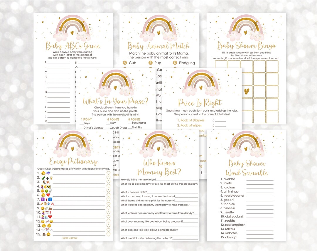 Rainbow Baby Shower Games Package Gold Rainbow Boho Rainbow Clouds ...