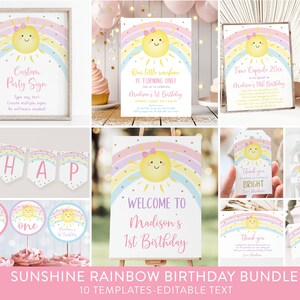 Editable Sunshine Rainbow Birthday Invitation Bundle Girl Rainbow Party ...
