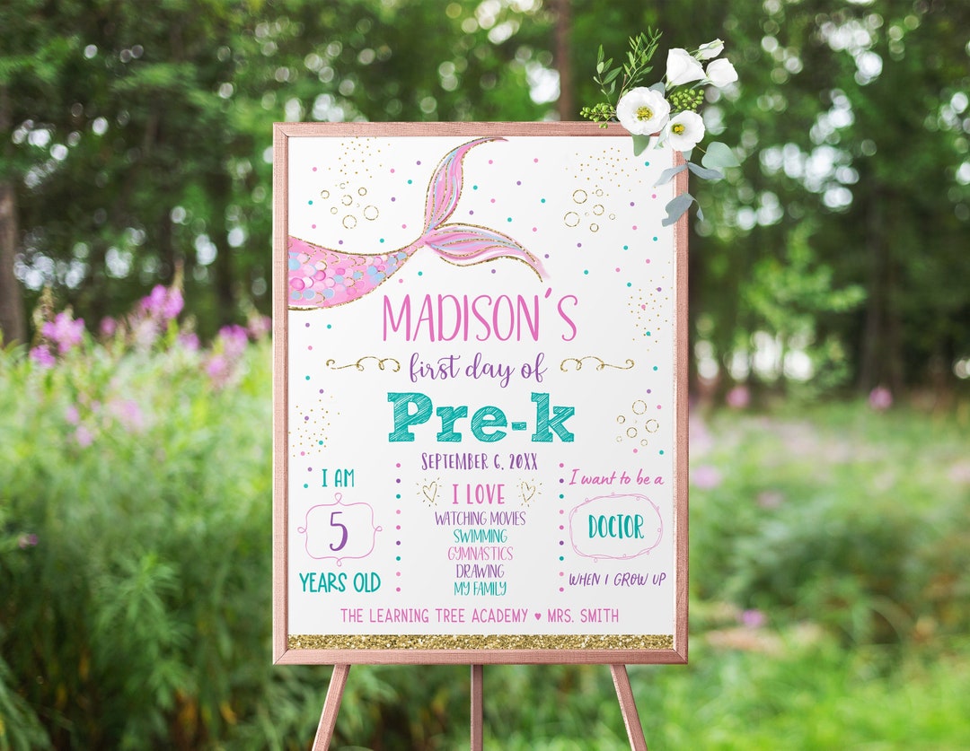 Editable Mermaid First Day of Pre-k Sign First Day of Pre-kindergarten ...