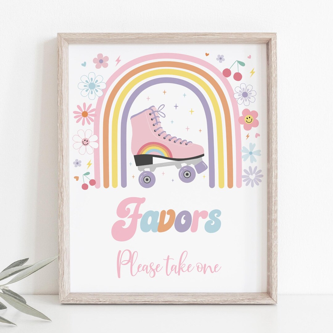 Groovy Roller Skate Birthday Favors Sign, Roller Disco, Rainbow Flower ...