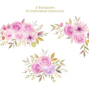 Dusty Pink Purple Gold Watercolor Floral Clipart, Wildflowers, Wild ...