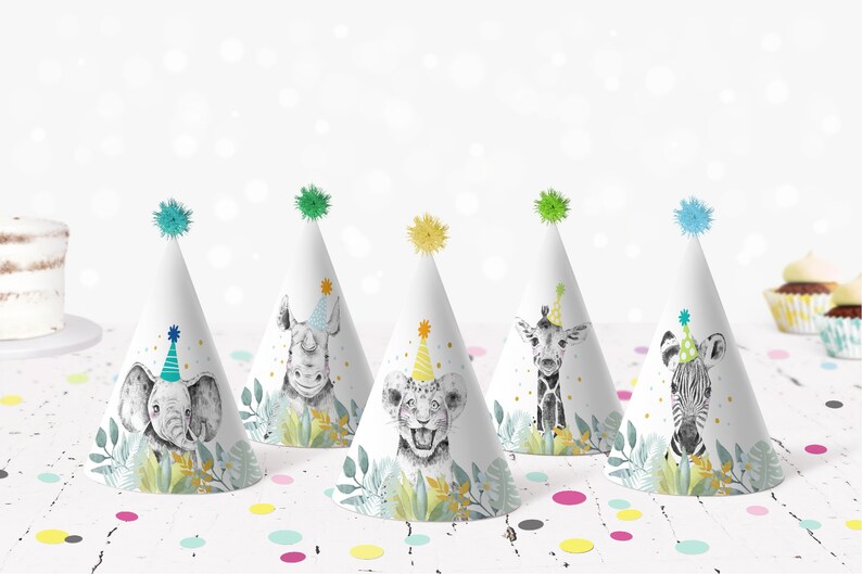 Safari Printable Birthday Party Hats Party Animals Wild One Birthday ...