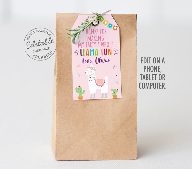EDITABLE Llama Birthday Favor Tags Thank You Tags Whole - Etsy
