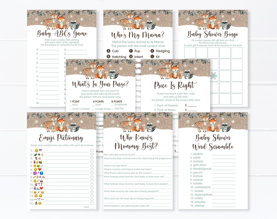 Winter Woodland Baby Shower Games Package Greenery Woodland Baby Shower ...