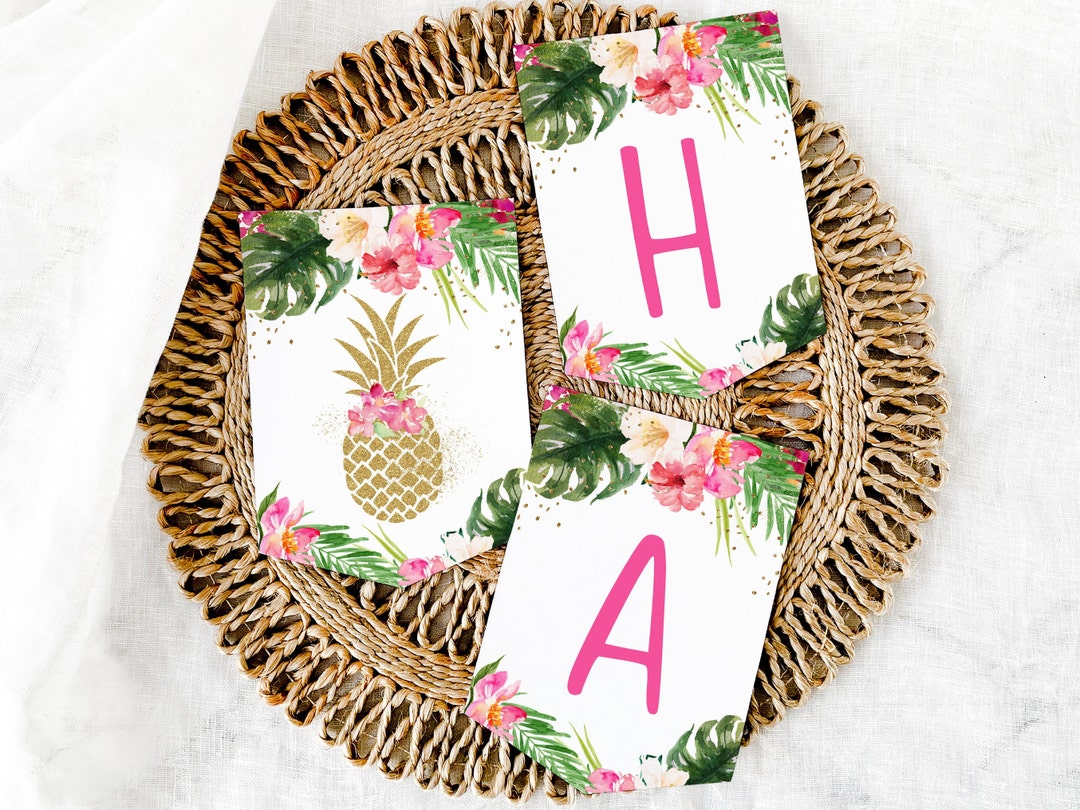 Editable Pineapple Birthday Banner Pink Tropical Floral Gold Pineapple ...