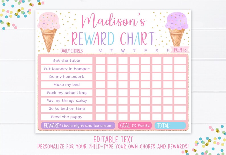 Editable Ice Cream Reward Chart Ice Cream Behavior Chart | Etsy