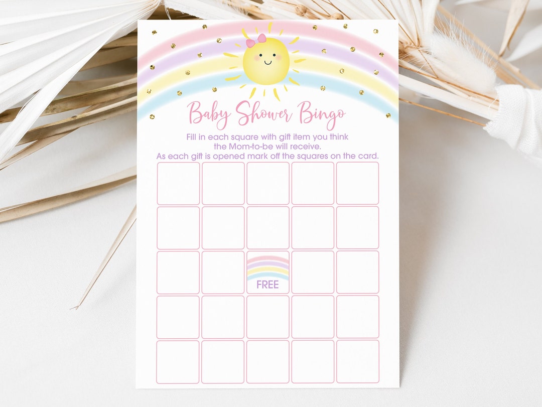 Sunshine Rainbow Baby Shower Bingo Game Sun Baby Shower Pastel Rainbow ...