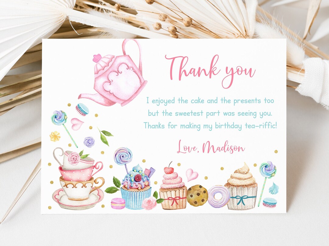 Editable Tea Party Birthday Thank You Card Let's Par-tea Pink Gold ...