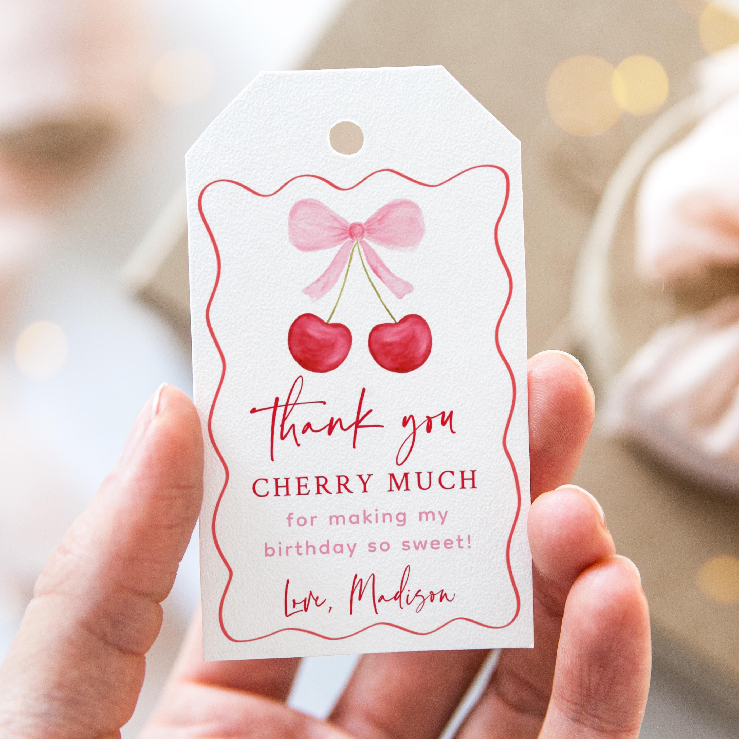 Cherry Birthday Thank You Tag, Cherry on Top, Coquette Pink Bow Cherry ...