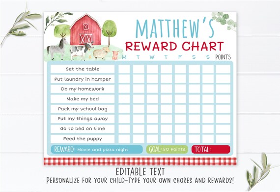 EDITABLE Farm Reward Chart, Chore Chart, Behavior Chart, Boy Farm ...