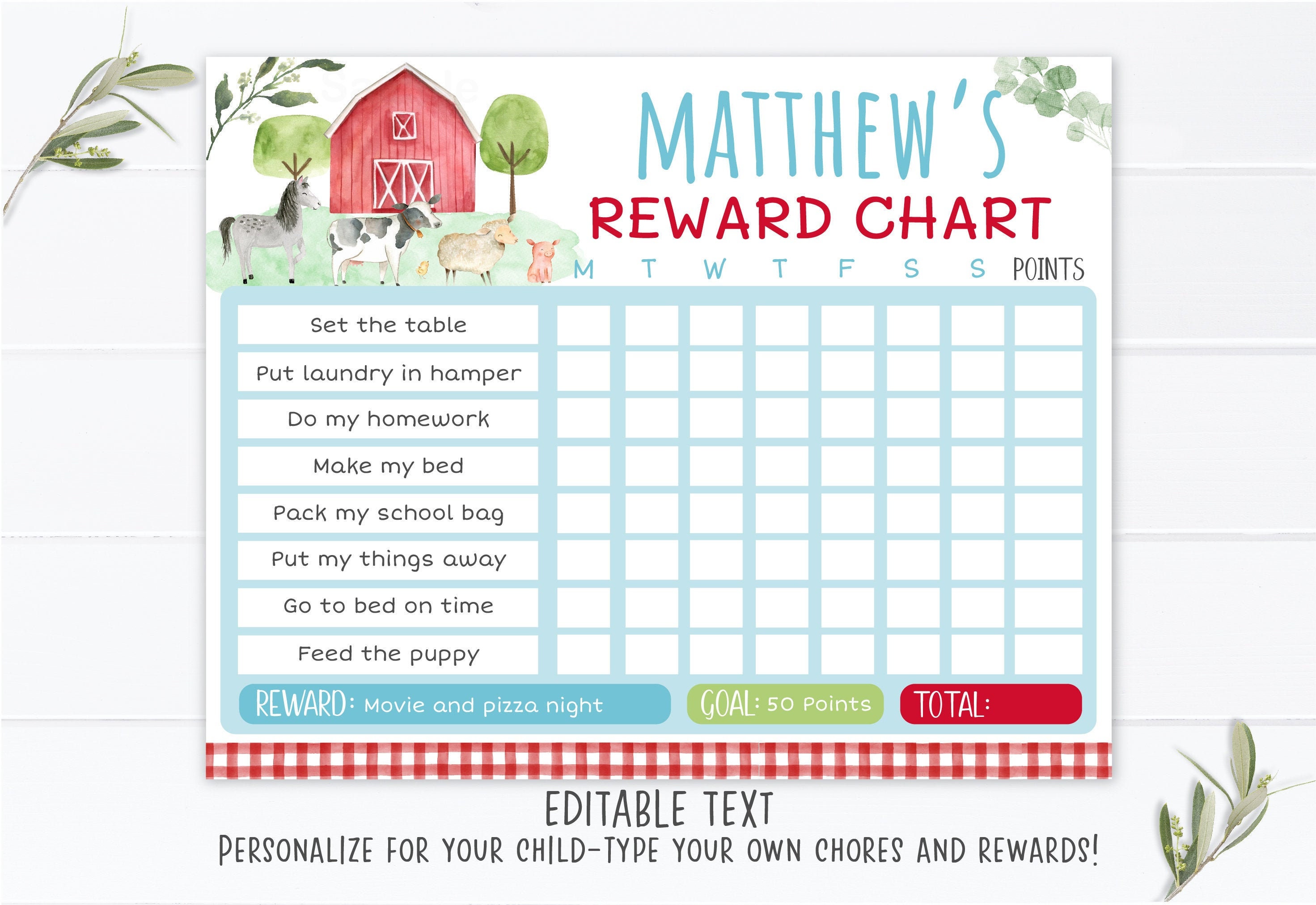 EDITABLE Farm Reward Chart Chore Chart Behavior Chart Boy | Etsy Canada