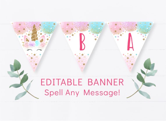 Editable Unicorn Baby Shower Banner, Pink, Gold, Blue, Purple, Floral ...