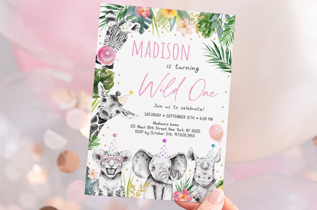 Editable Wild One Birthday Invitation Girl Pink Gold Tropical - Etsy