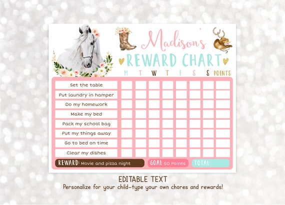 Editable Horse Reward Chart, Horse Behavior Chart, Cowgirl, Pony, Pink ...