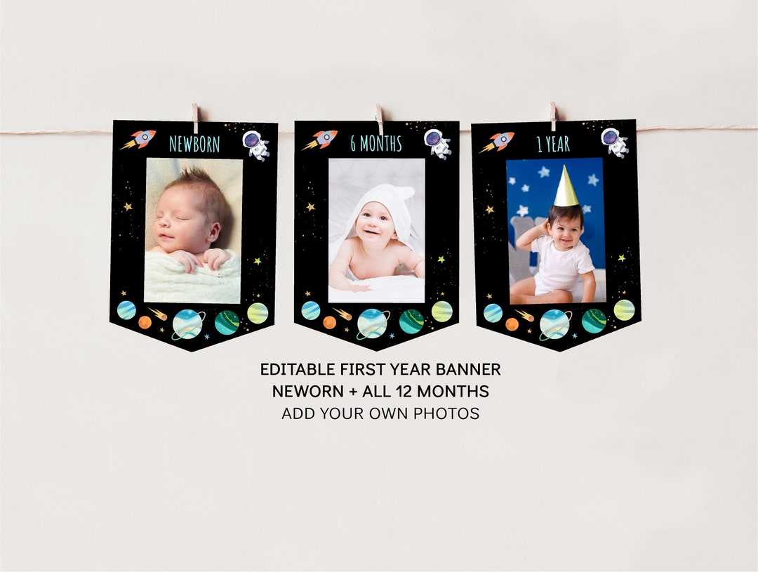 Editable Space First Year Photo Banner Monthly Photo Banner Astronaut ...