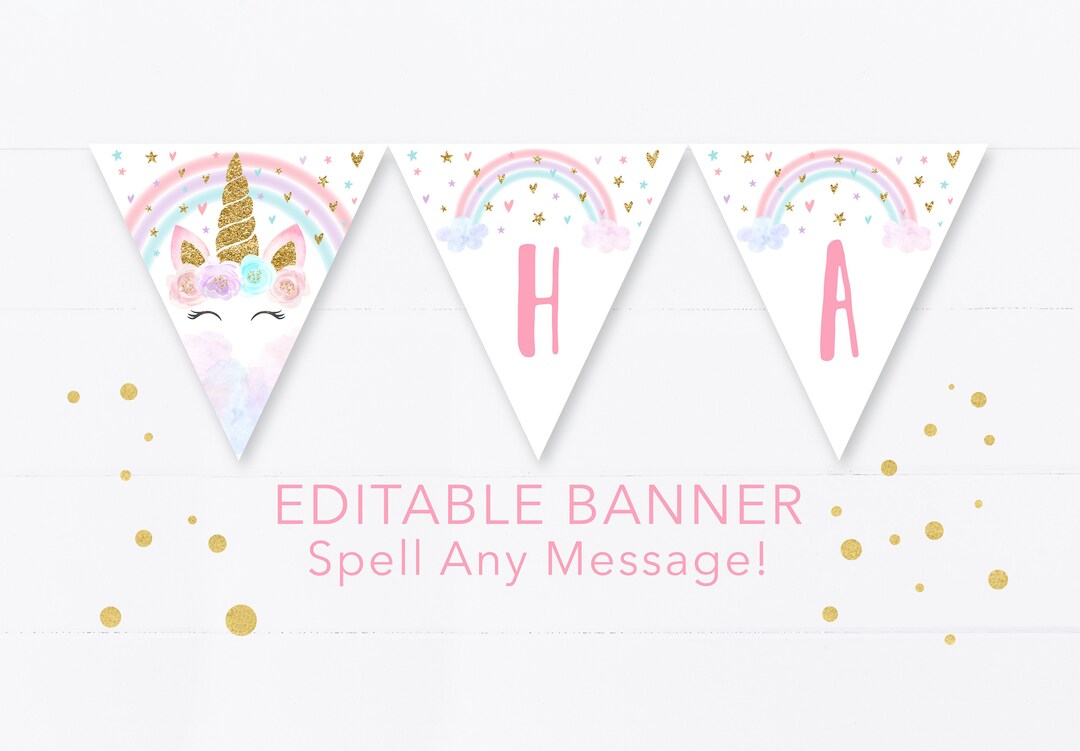 Editable Unicorn Birthday Banner Pastel Rainbow Unicorn Pink Gold ...