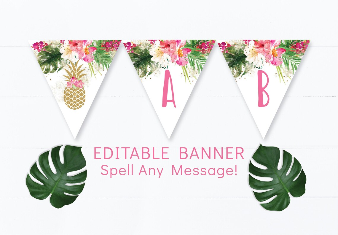 Editable Pineapple Birthday Banner Pink Tropical Floral Gold | Etsy