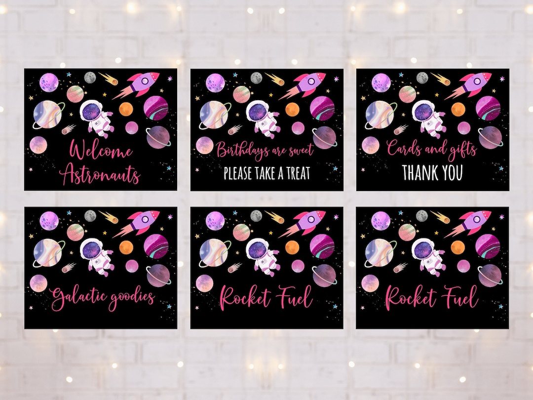 Editable Space Birthday Sign Table Signs Set of 6 Party Signs Pink Girl ...