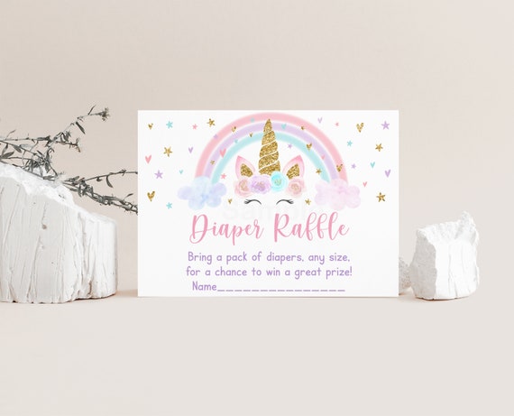 Unicorn Diaper Raffle Cards Rainbow Unicorn Baby Shower Pink Gold ...
