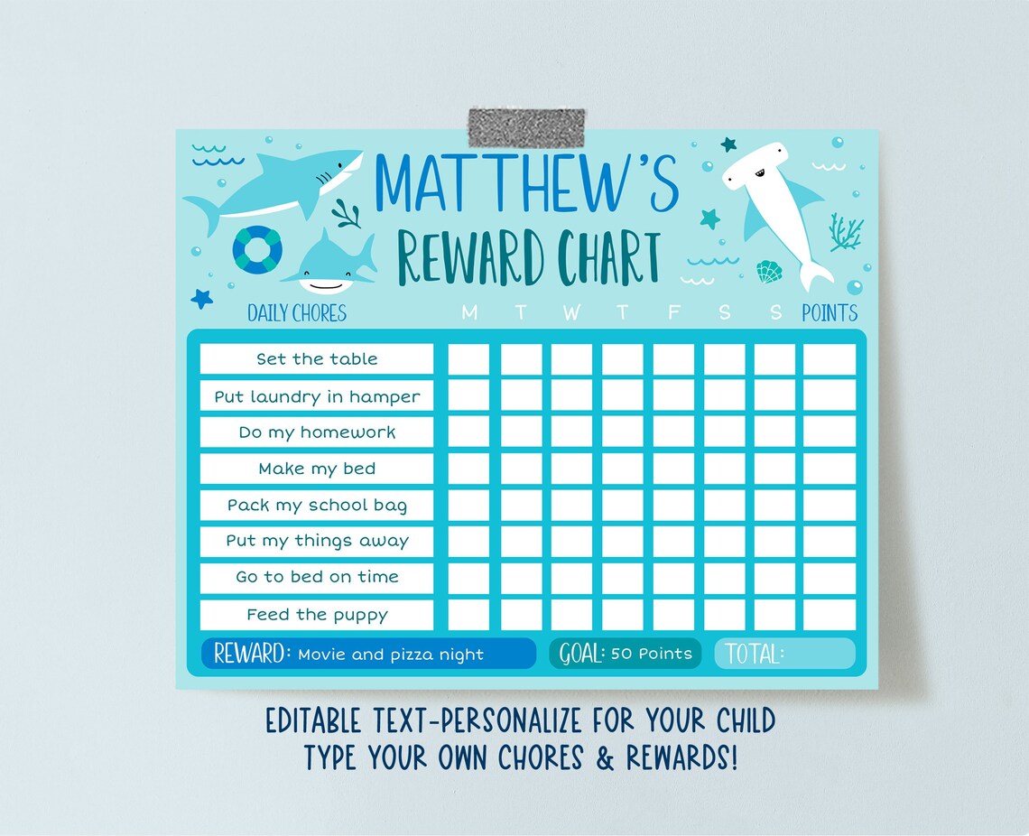 Editable Shark Reward Chart Shark Chore Chart Behavior - Etsy
