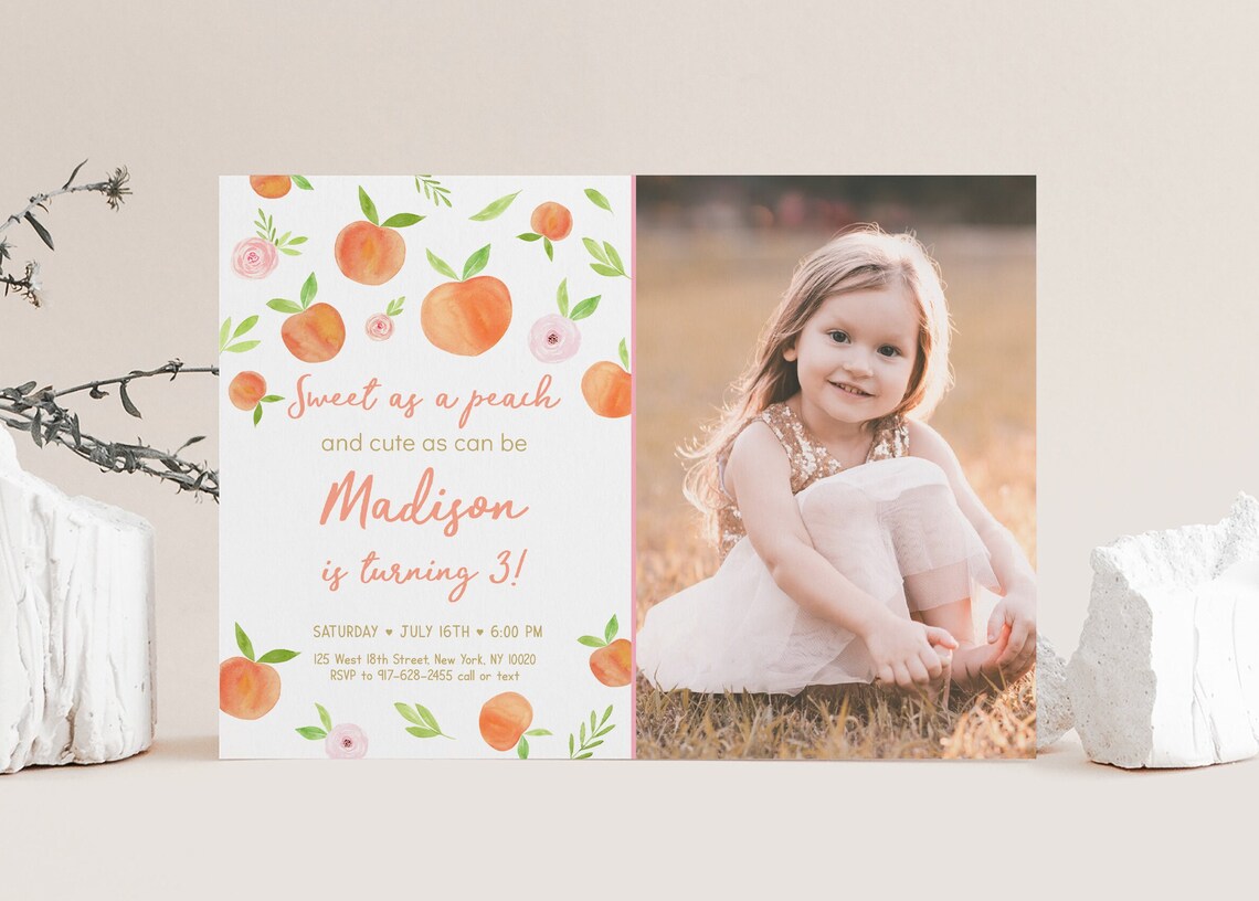 Editable Peach Birthday Invitation Sweet as A Peach Third | Etsy