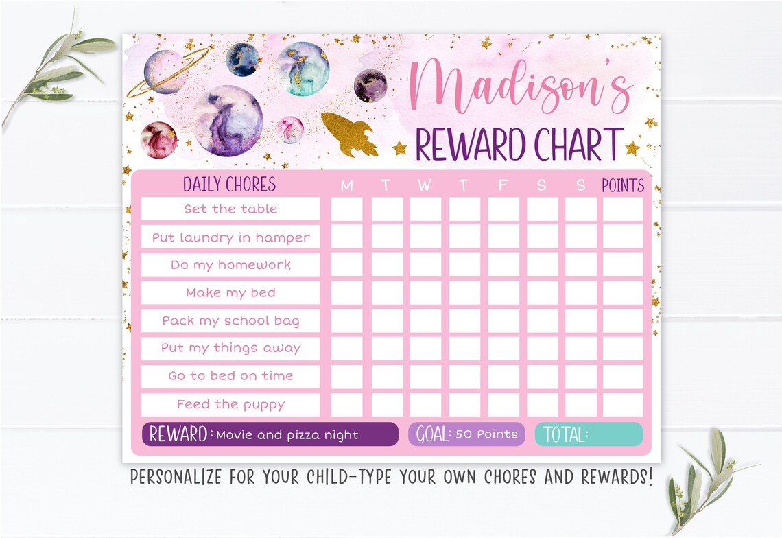 Editable Space Reward Chart Pink Gold Galaxy Rocket Ship Stars | Etsy