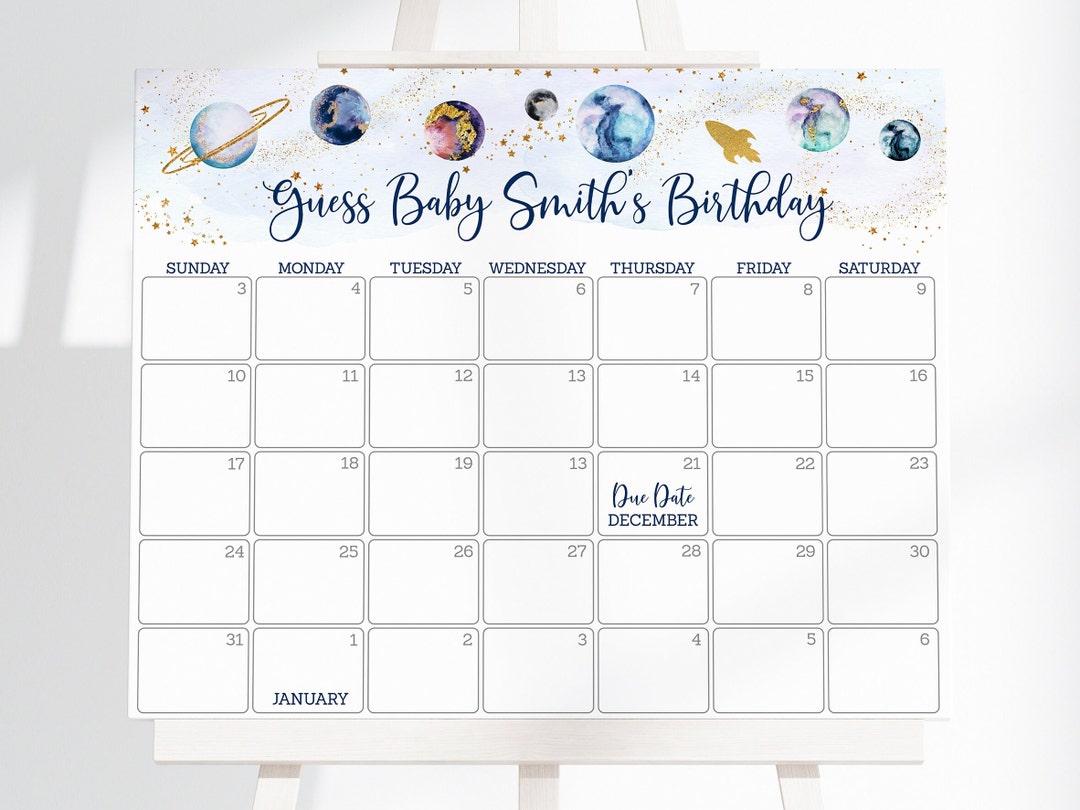 Editable Space Baby Shower Due Date Calendar Game Guess Baby's Birthday ...
