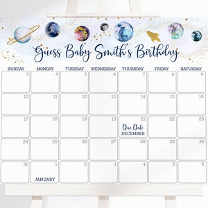 Editable Space Baby Shower Due Date Calendar Game Guess Baby's Birthday ...
