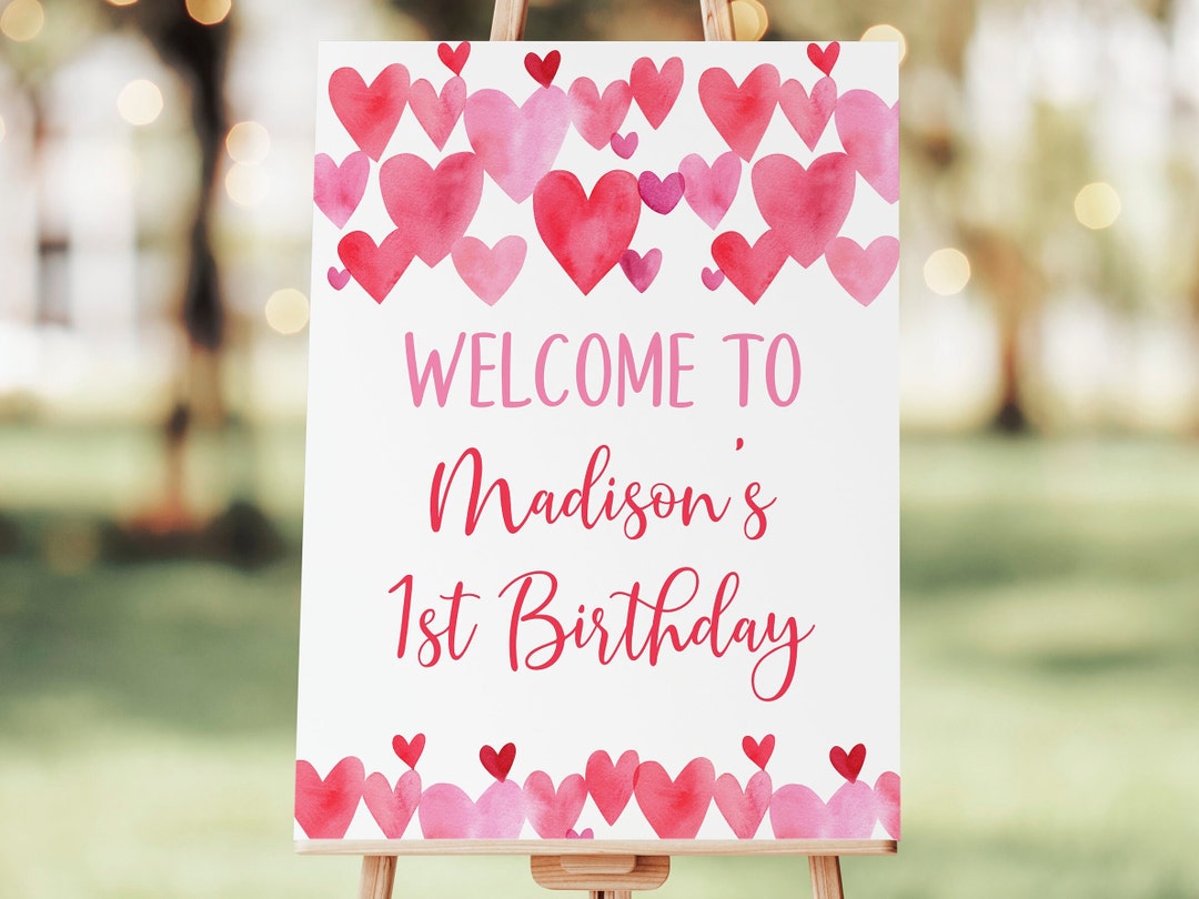 Hearts Birthday Welcome Sign Pink Red Watercolor Hearts Valentine's ...