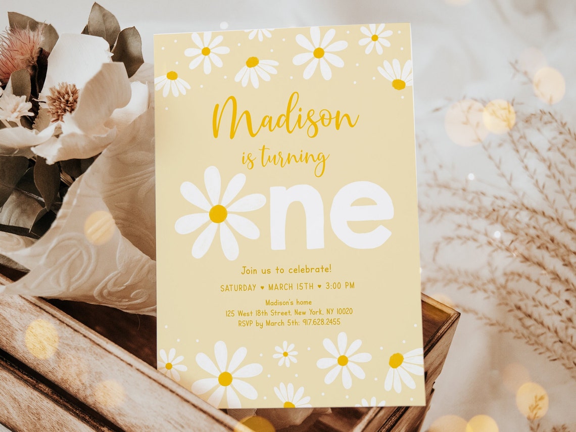 Daisy First Birthday Invitation Retro Daisy Birthday Invite Yellow ...