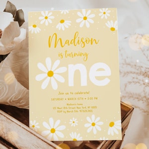 Daisy First Birthday Invitation Retro Daisy Birthday Invite Yellow ...
