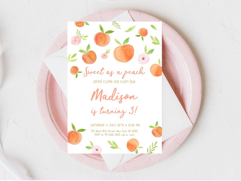 Editable Peach Birthday Invitation Sweet as A Peach Third | Etsy