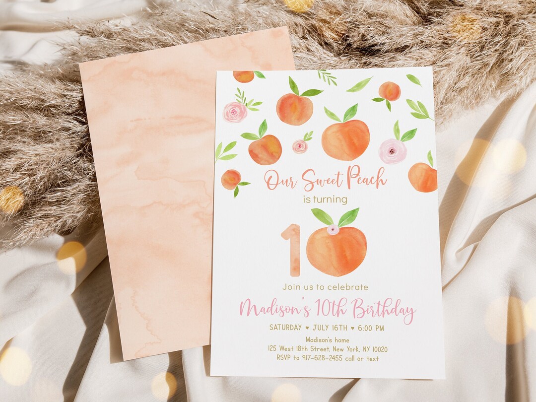 Editable Sweet Peach Birthday Invitation Peach 10th Birthday Invite ...