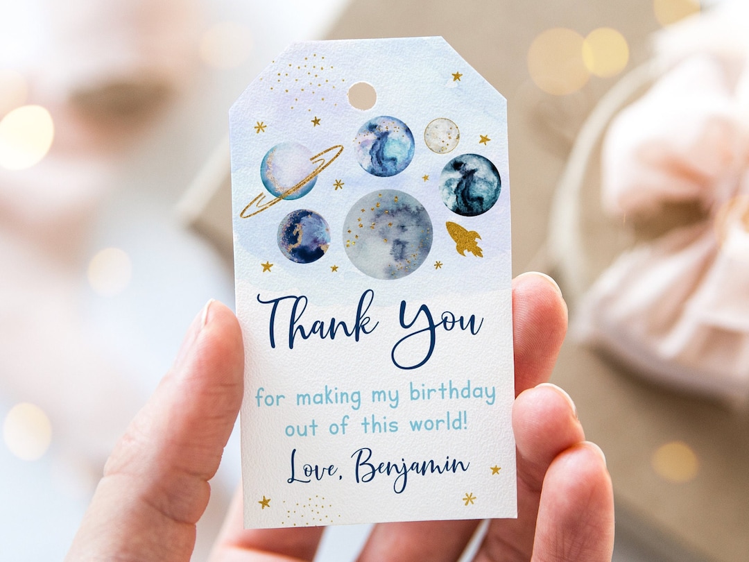 Editable Outer Space Birthday Thank You Tags Favor Tags Blue Gold ...