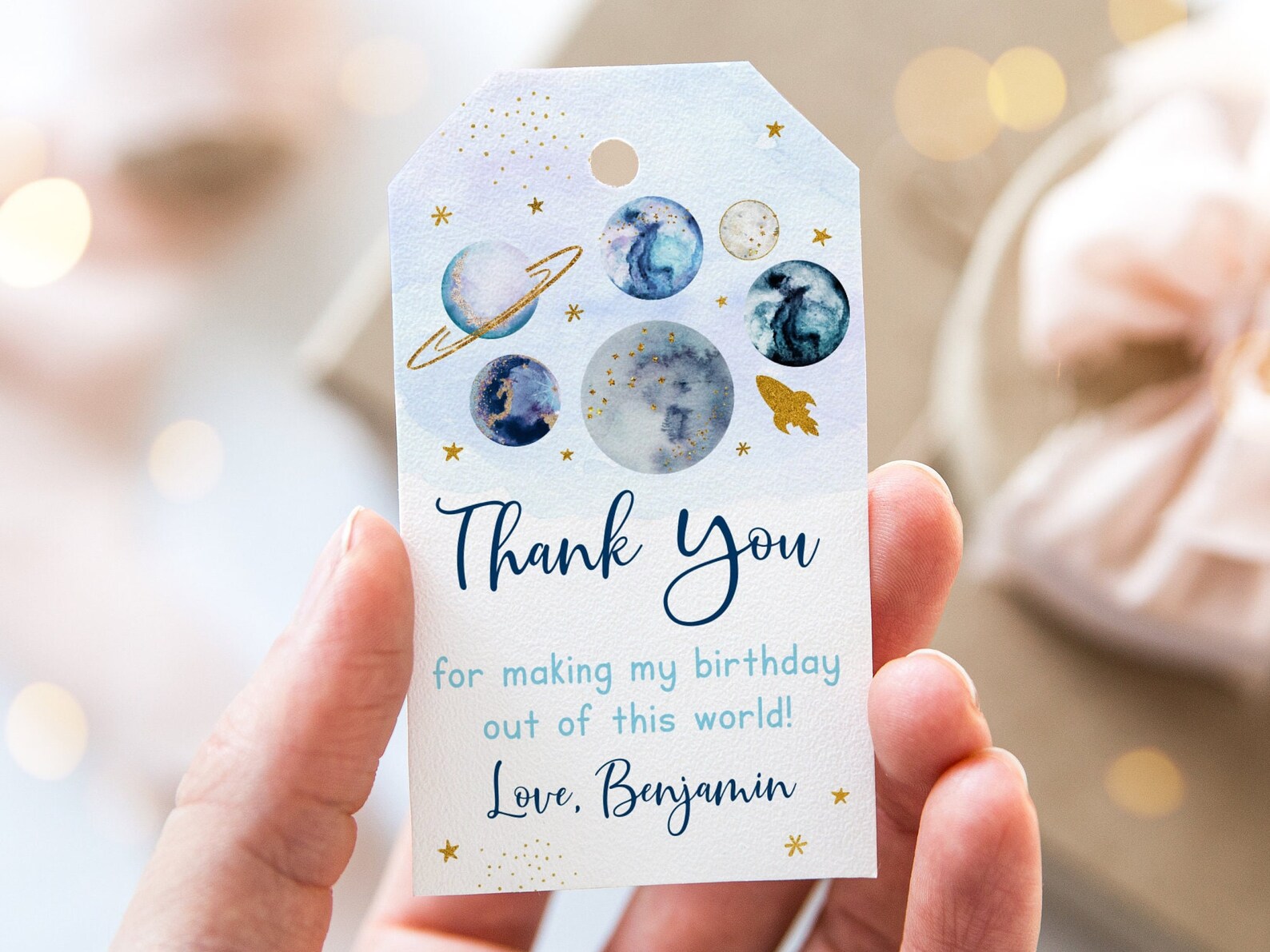 Editable Outer Space Birthday Thank You Tags Favor Tags Blue Gold ...