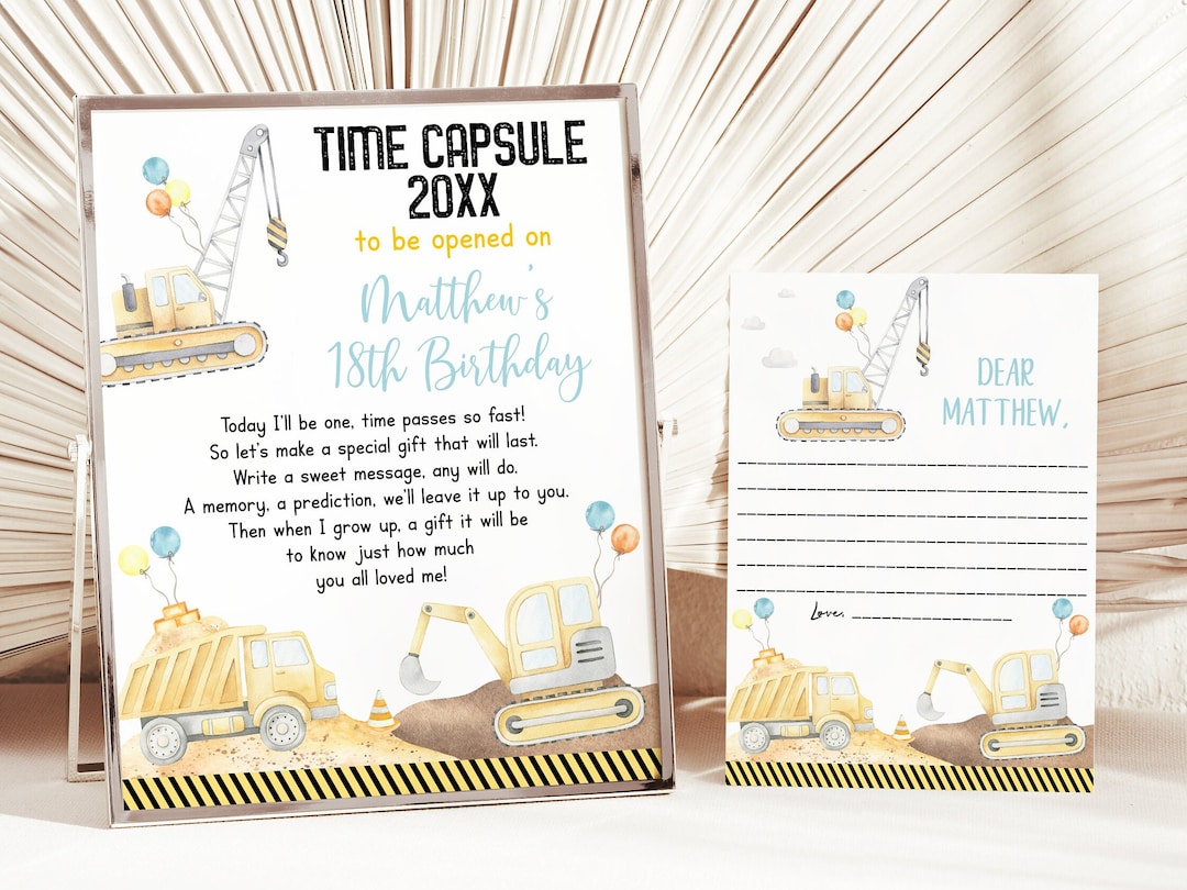 Editable Construction Birthday Time Capsule Construction Trucks Digger ...