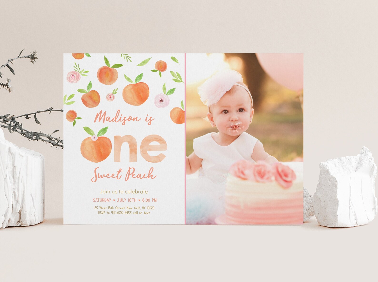 Editable Peach Birthday Invitation One Sweet Peach First | Etsy