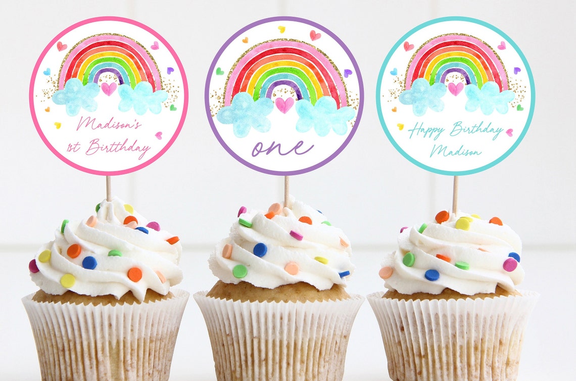 Editable Rainbow Birthday Cupcake Toppers Girls Rainbow Party - Etsy